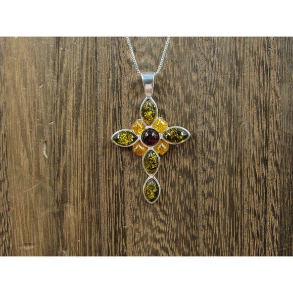 Jewelry | 18 Sterling Silver Three Types Of Amber Cross Pendant ...